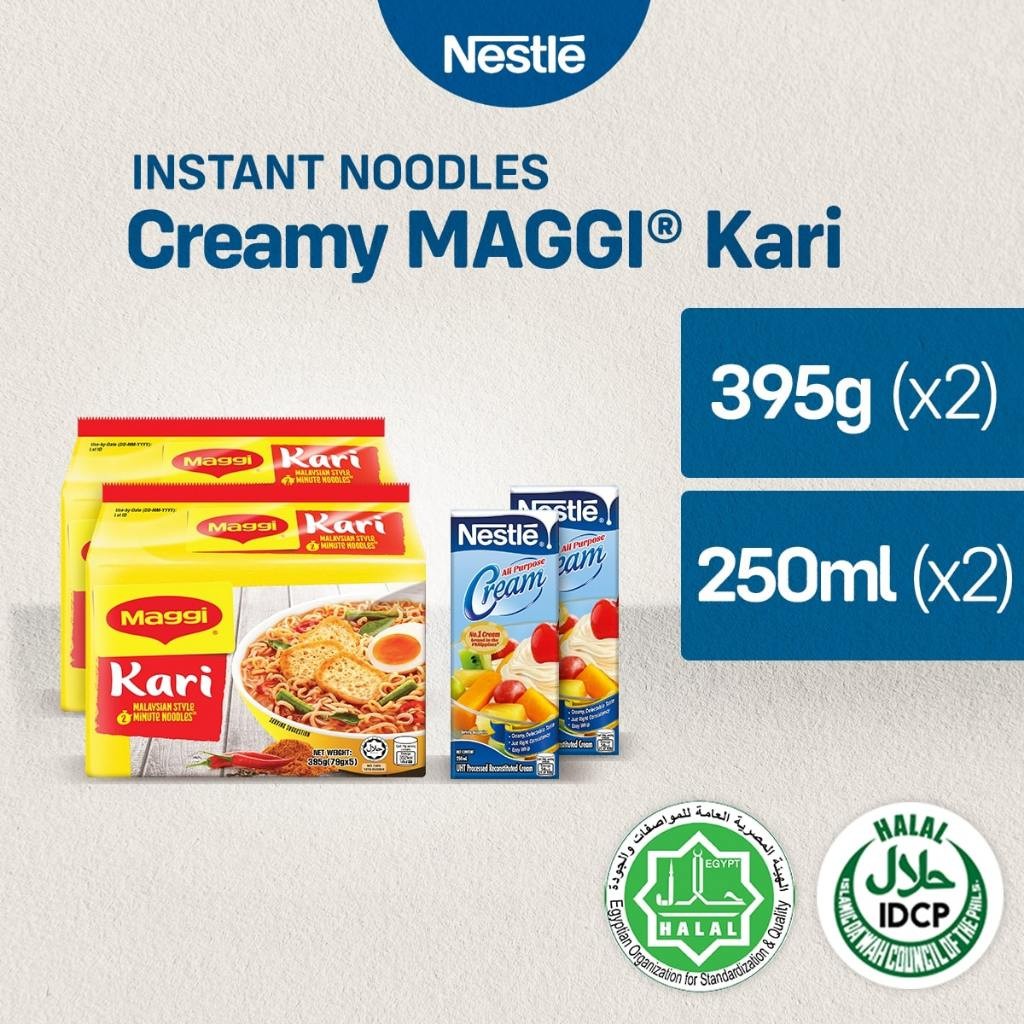 Maggi Kari Noodles 79g - Pack of 10 + Nestle All-Purpose Cream 250ml