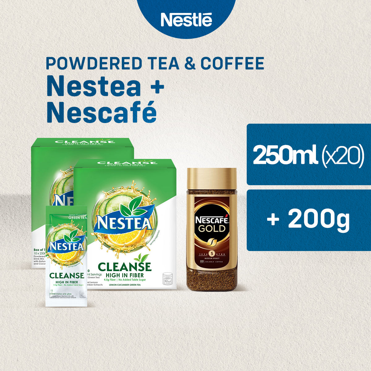 NESTEA Cleanse Powdered Green Tea with Fiber 250ml - Pack of 20 and NE