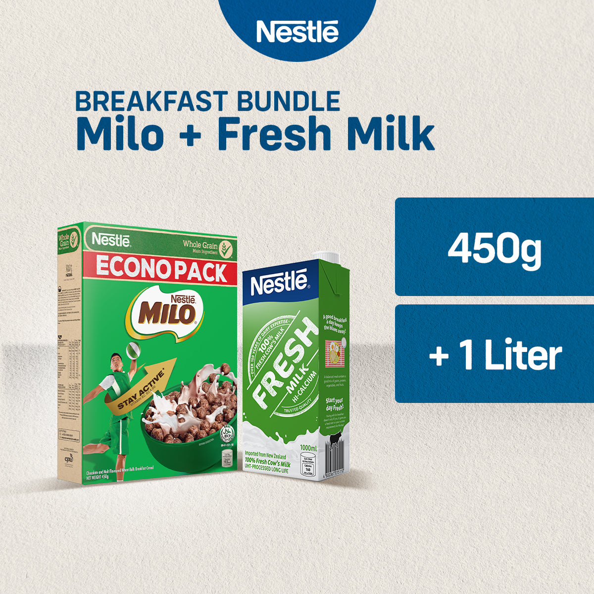 MILO Breakfast Cereal 450g and NESTLE Fresh Milk 1L